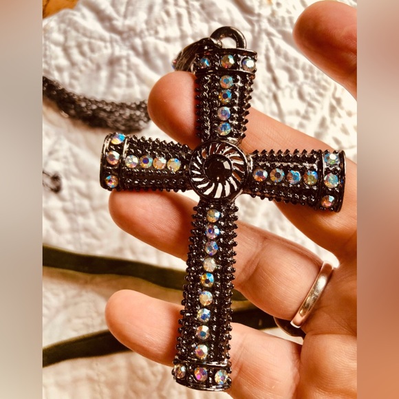 Jewelry | Huge Beautiful Black Gun Metal Rhinestone Cross With Triple ...